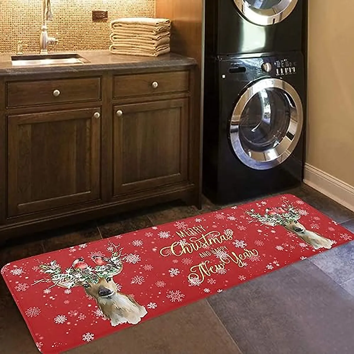 Kitchen Rug and Mat Set Merry Christmas Reindeer Robin,Non-Slip Doormats Comfort Durable Floor Runner,Winter Snowflakes on Red Washable Standing Carpet for Bedroom Living Room Decor