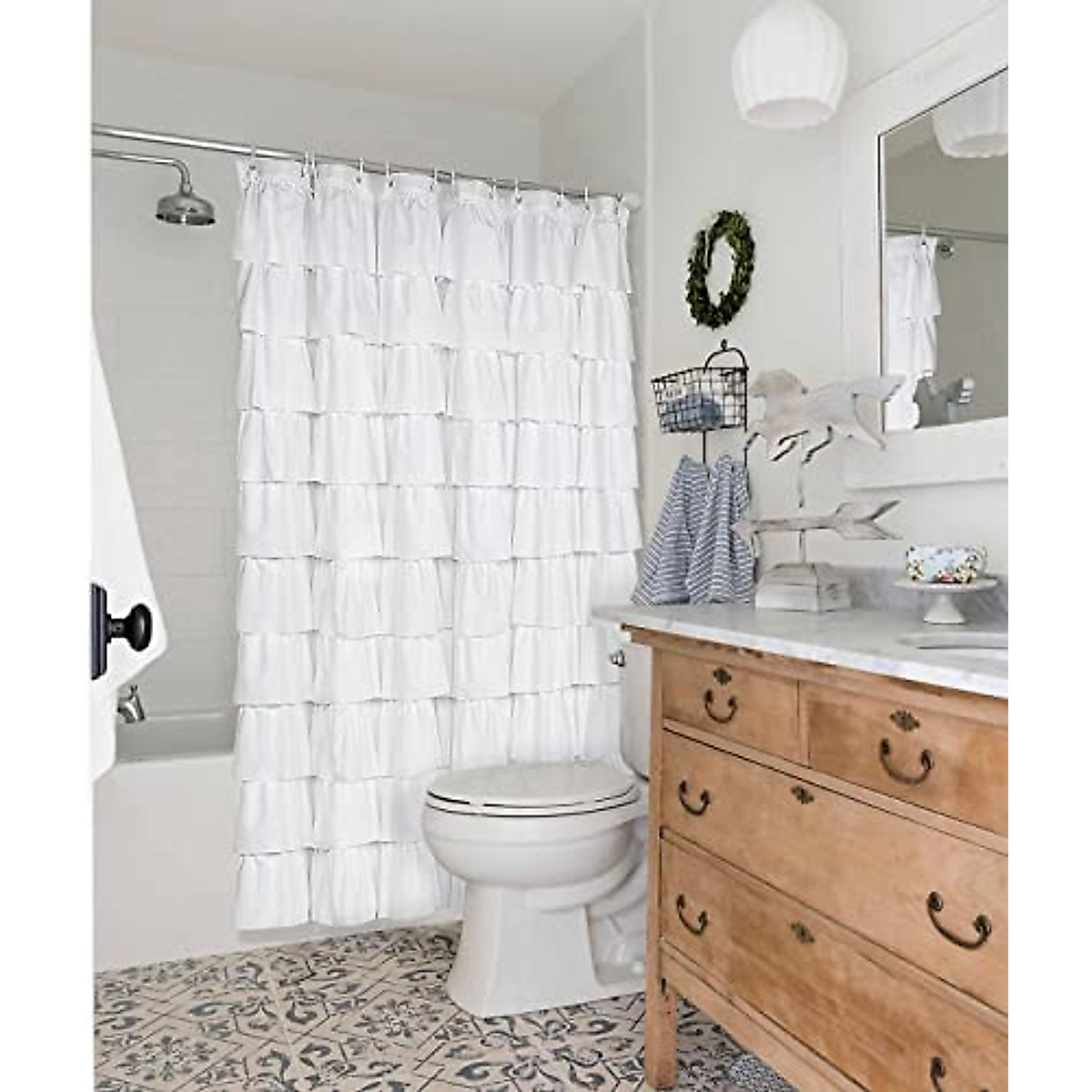 Volens White Shower Curtain Fabric/Ruffle for Bathroom,70in Long