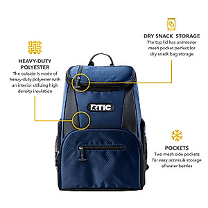 RTIC Lightweight Backpack Cooler, Navy& Black, 15 Can, Portable Insulated Bag, for Men& Women, Great for Day Trips, Picnics, Camping, Hiking, Beach, or Park
