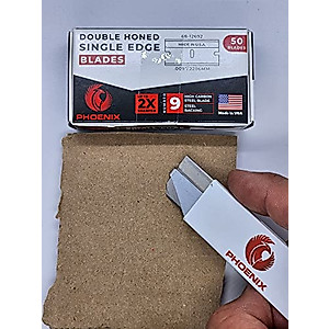 PHOENIX 68-12692 Box of 50 Heavy Duty Single Edge Razor Blades - (#9 High Carbon Steel Blade, Steel Backing) Made In USA, Box Cutter Blades