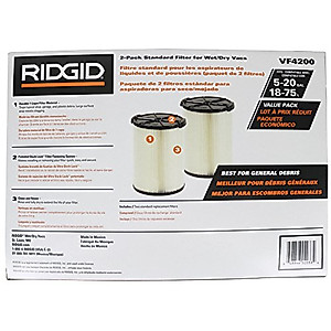 Ridgid VF4200 Genuine Replacement 1-Layer Everyday Dirt Wet/Dry Vac Filter for Ridgid 5-20 Gallon Vacuums (2 pack VF4000)