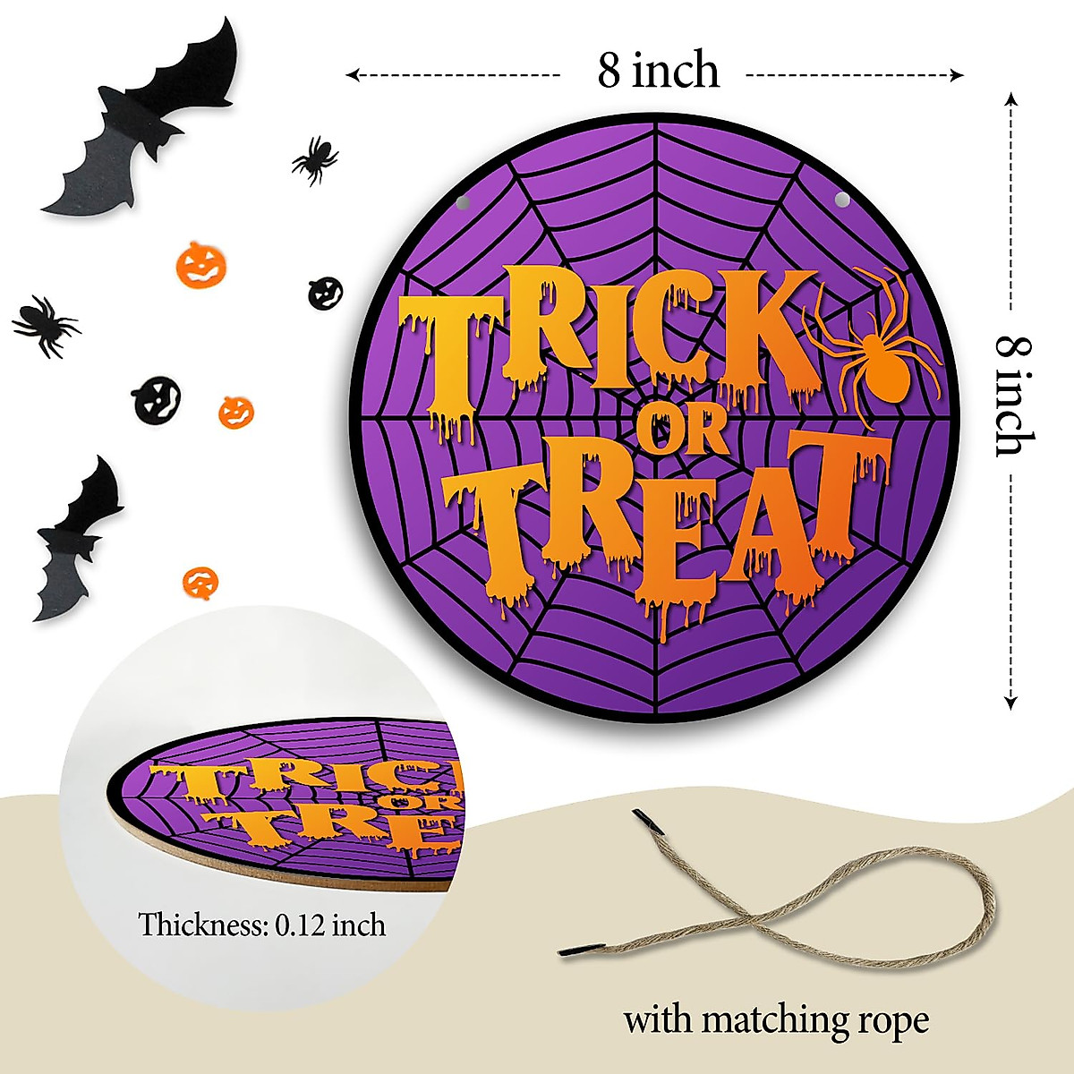 Halloween Hanging Sign with Rope, Trick or Treat Spider Web Sign, Front Door Porch Halloween Round Wood Sign, Halloween BOO Party Supplies, Indoor Outdoor Decor Wall Wood Sign Plaque - 8"(1pc),06