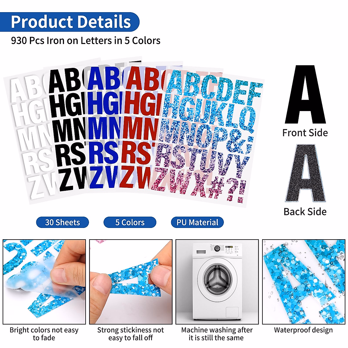 30 Sheets 930 Pieces Iron on Letters for Clothes 1.6 Inch Heat Transfer Letters with A-Z Iron on Vinyl Letters in 5 Colors PU Alphabet Adhesive Stickers for DIY Printing Craft Fabric T-Shirt Jersey