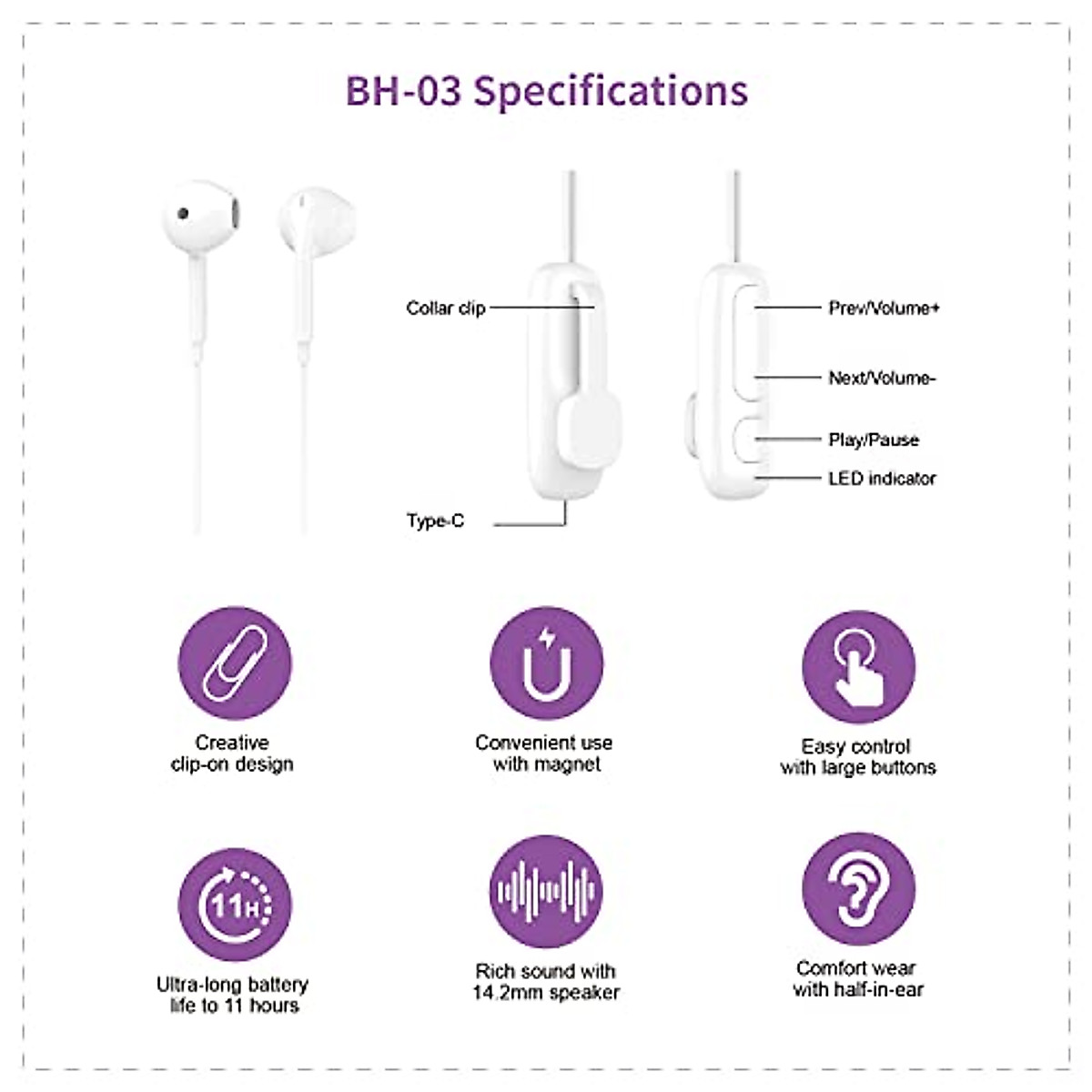 Amaitree Lavalier Microphone, Commercial Wireless Lavalier Headphones, Magnetic Lavalier Design Bluetooth 5.3 with Microphones Earphone, Wireless in-Ear Earbuds for Teams and Zoom - White