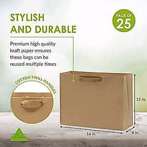 Brown Gift Bags with Handles - 16x6x12 Inch 25 Pack Designer Shopping Bags in Bulk, Large Gift Wrap with Fabric Handles for Boutiques, Small Business, Retail Stores, Merchandise, Birthday Parties