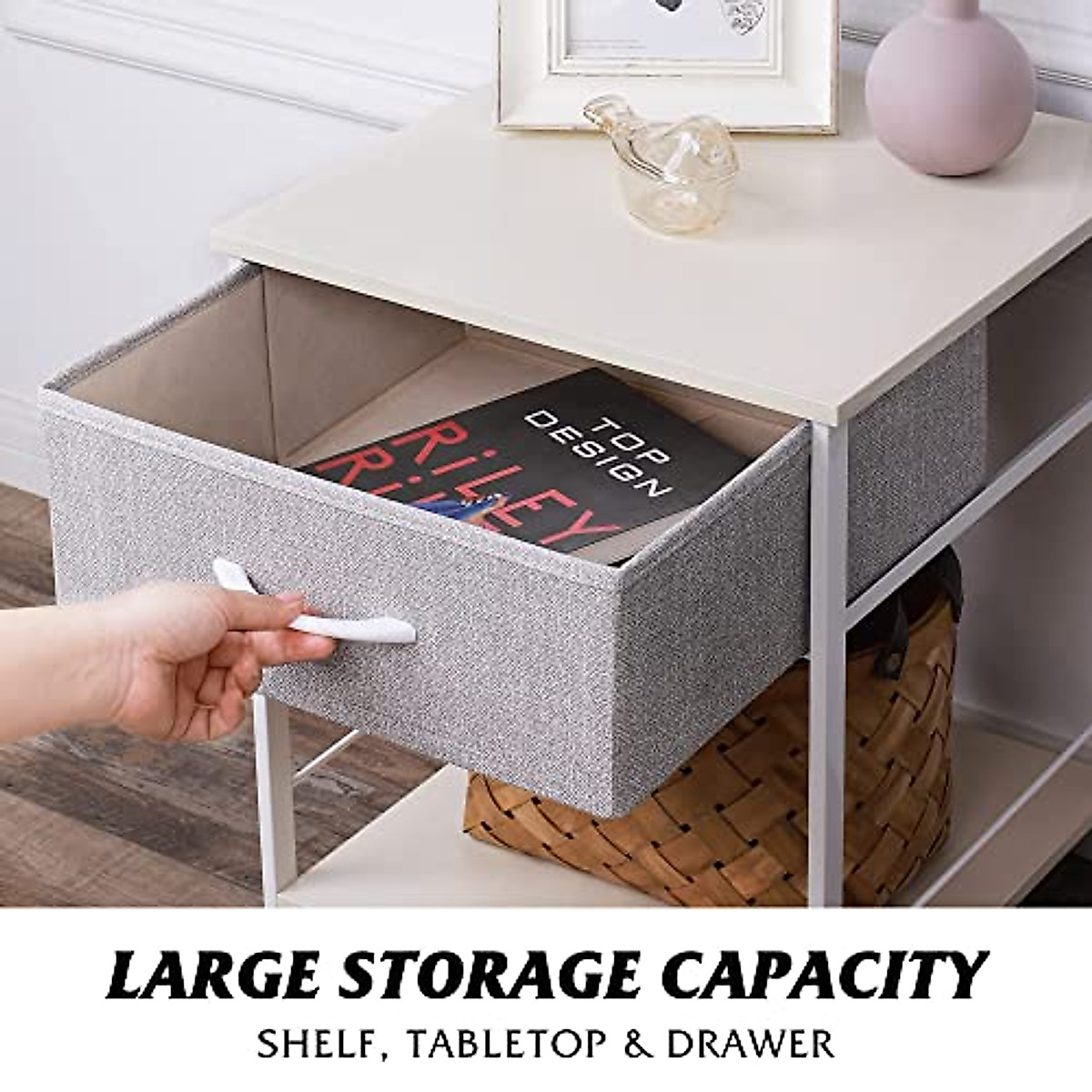 WLIVE 1-Drawer Nightstand and 5-Drawer Dresser Set, Fabric Storage Tower for Bedroom, Hallway, Nursery, Closets, Tall Chest Organizer Unit with Textured Print Fabric Bins, Steel Frame