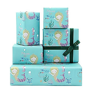 Princess of the Sea Little Mermazing Mermaid Wrapping Paper in Robin Egg Blue Color Set of 4 Sheets 15 sq. ft. With Emerald Green Ribbon and Gift Tag and Greeting Cards, For Girls Kids Baby Women Gift Wrap