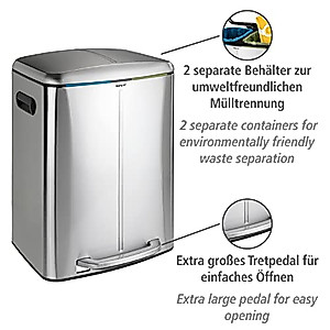 WENKO Primo 10 Gallon Dual, odorless, Waste, (WxHxD): 8.9x9.1x12.6 in, Stainless Steel Lid and Foot Pedal, Garbage Bin, Handsfree, Step Trash Can, Chrome
