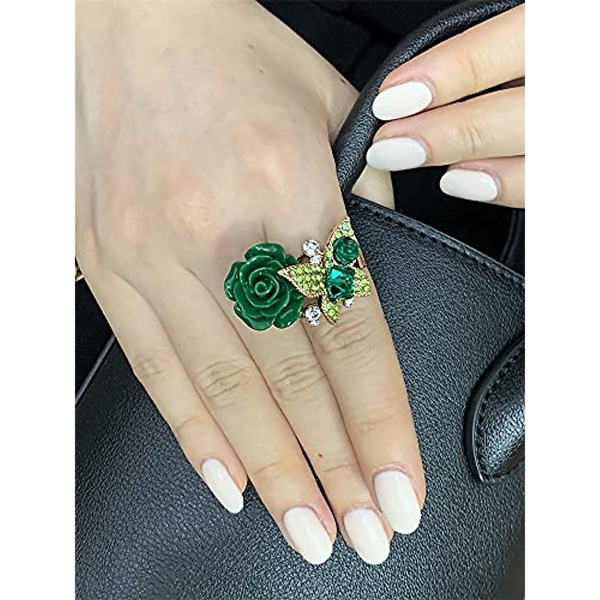 Dtja CZ Butterfly Flower Wedding Ring for Women Girls Statement Engagement Rectangle Rhinstone Aryclic Rose Adjustable Open Wrap Finger Rings Comfort Fit Cocktail Party Vintage Jewelry Gift (Green)