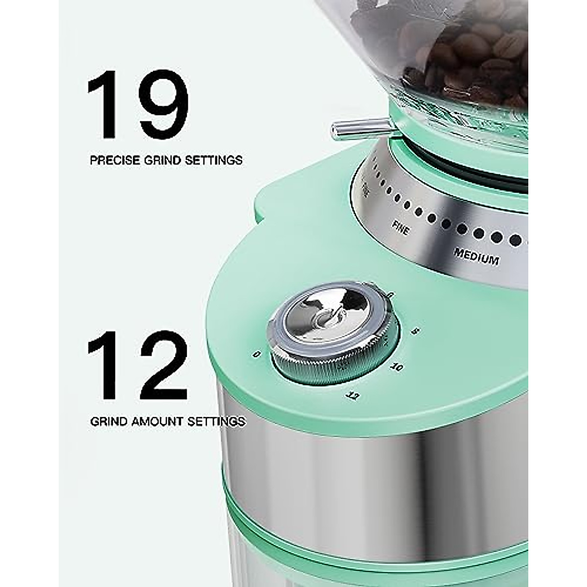 Electric Conical Burr Coffee Grinder, Adjustable Burr Mill with 19 Precise Grind Setting, Stainless Steel Coffee Grinder Electric for Drip, Percolator, French Press, Espresso, Green