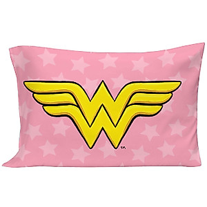 Wonder Woman Pink, Gold, Red & Blue 4Piece Toddler Bed Set - Comforter, Flat Top Sheet, Fitted Bottom Sheet, Reversible Standrd Size Pillowcase, Bright Pink, Light Pink, Gold, Red