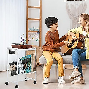 Record Player Stand with Vinyl Storage Night Stand with Power Outlets Vinyl Record Storage Stand On Wheels White Turntable Stand for Living Room Bedroom, Large Capacity, White