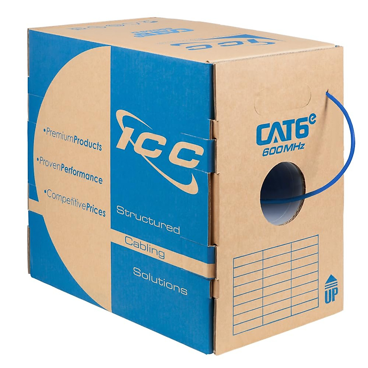 ICC Cat6e CMR Riser 1000ft - UTP 23AWG, 100% Solid Pure Copper, Unshielded, Bulk Ethernet Cable, PoE++, 600MHz, Reelex Pull Box, UL Certified, RoHS, TAA and NEC Compliant, Blue