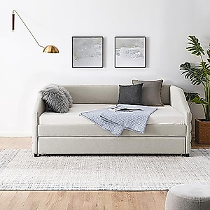 Eafurn Upholstered Daybed with Twin Size Trundle Bed and Wooden Slatted, Modern Linen Upholstered Full Size Day Bed Tufted SofaDaybed Frame and A Trundle, No Box Spring Needed, Furniture for Bedroom