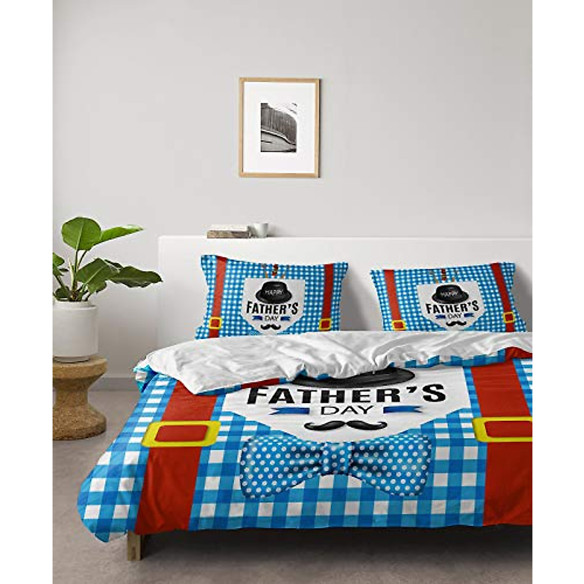 Happy Father's Day Duvet Cover Set Full,4 Pieces Black Hat with Beard Red Belt Bed Sheet Sets Soft Comforter Cover with Flat Sheet 2 Pillow Shams for Teen/Man/Woman/Toddler Blue Buffalo Checker