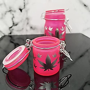 Airtight Glass Herb Mini Storage Jar with Clamping Lid in Choice of Design (Frosted Neon Pink/Silver Leaves)