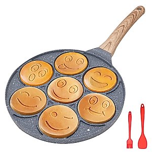 Bobikuke Pancake Pans For Kids,Pancake Shapes Pan,Mini Pancakes Maker Nonstick Pancake Griddle 7 Hole Smiley Face Pancake Mold For Breakfast,10 Inch