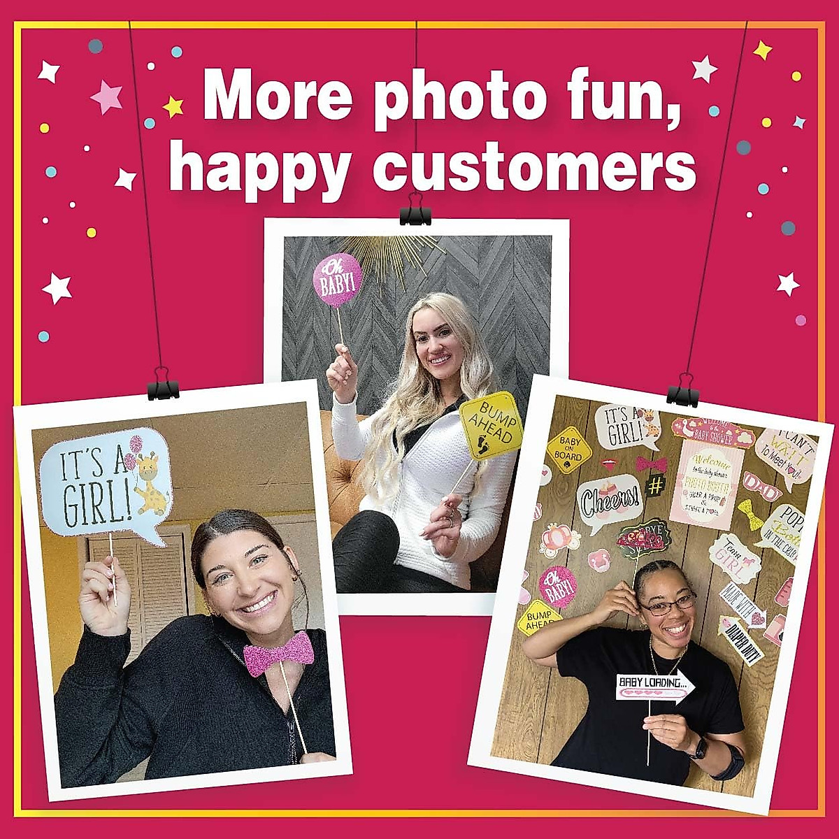 Girl Baby Shower Photo Booth Props - 41-pc Photobooth Kit with 8 x 10-Inch Sign, 60 Adhesive Pads, 45 Sticks - Baby Photo Booth Props Girl - Photo Props for Baby Shower