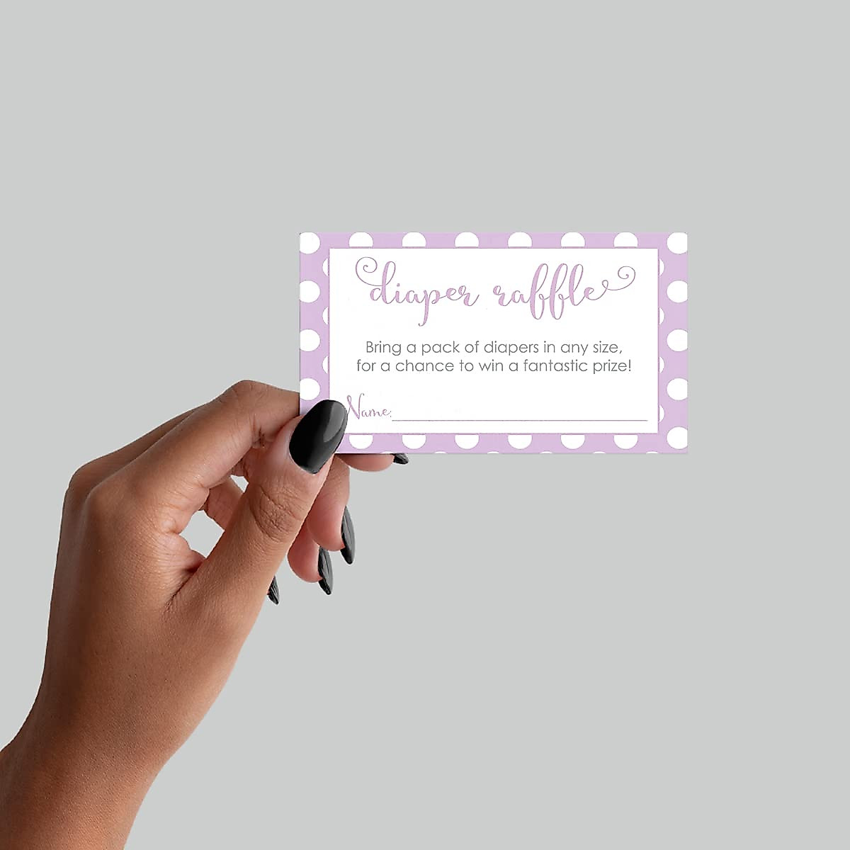 Paper Clever Party Purple Baby Shower Diaper Raffle Tickets (25 Pack) Girls Baby Shower Prize Games for Drawings - Invitation Insert Cards – Polka-Dot Theme Lilac and Grey - 2x3.5 Printed Set