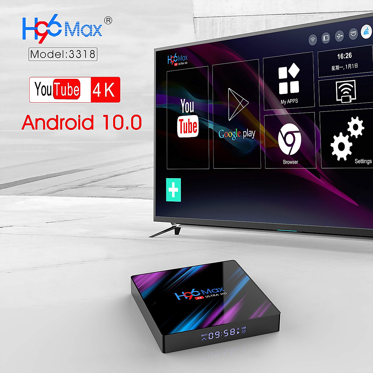 Xilibod Android 10.0 H96 Max TV Box 4GB RAM 32GB ROM, Penta-Core Mali-450, RK3318 Quad-Core 64bit Cortex-A53, H.265 Decoding 2.4GHz/5GHz WiFi Smart TV Box - Model No.: H96max 4GB 32GB