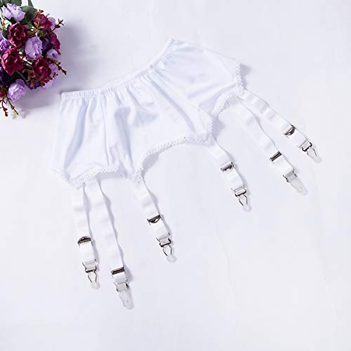 Shbidsxia Women's Sexy Lace Mesh Garter Belt High Waist Suspender Belt with Six Metal Clips for Women‘s Stockings/Lingerie (B-White, Small)