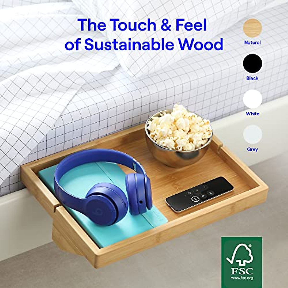 BedShelfie Bedside Shelf for Bunk Bed - College Dorm Room Essentials, Loft Bed Accessories, Clip On Nightstand Snack Organizer, Floating Bed Side Table Tray Shelfie Storage - Wood Black Cup Holder