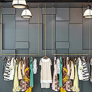 MDEPYCO 2 Pcs Height Adjustable Metal Chain Clothing Hanging Racks,Creative Commercial Wedding Dress Display Shelf,Retail Store Metal Garment Rack,Ceiling Mount Clothes Storage Hanger (Gold, 35.5" L)