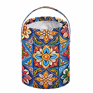 PYBUG Mexican Talavera Yarn Storage Tote with Knitting Accessories Pockets Portable Large Capacity Travel Knitting Bag Crochet Organizer for Crocheting