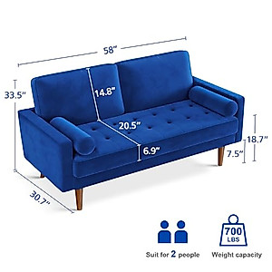 Vesgantti 58 inch Loveseat Sofa, 2 Seater Sofa for Small Space, Button Tufted Blue Velvet Couch with 2 Pillows, Mid Century Modern Couch w/Armrest, Small Couches for Living Room, Bedroom, Apartment