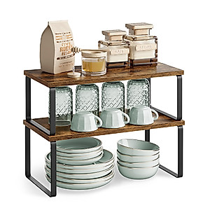 SONGMICS Cabinet Organizer Shelf, Set of 2 Kitchen Counter Shelves, Kitchen Storage, Spice Rack, Stackable, Expandable, Metal and Engineered Wood, Ink Black and Rustic Brown UKCS200X01