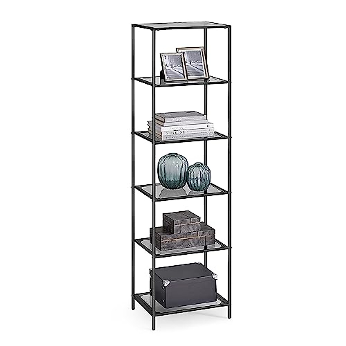 VASAGLE Bookcase, 6-Tier Bookshelf, Slim Shelving Unit for Bedroom, Bathroom, Home Office, Tempered Glass, Steel Frame, Black and Gray ULGT500G01