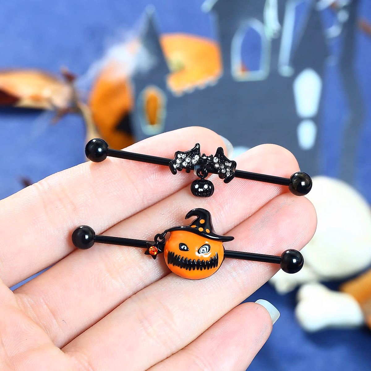 OUFER 2PCS 14G Halloween Industrial Piercing Jewelry Set Black Bat Pumpkin Surgical Steel Cartilage Earring Industrial Earrings for Women