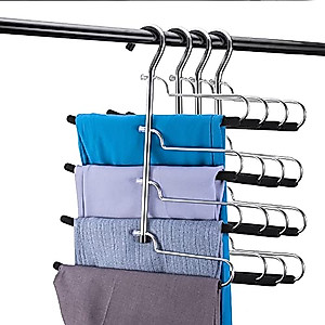 HOUSE DAY Pants Hangers 4 Layers Space Saving Multi Functional Pants Rack Non-Slip Clothes Closet Storage Organizer for Pants Jeans Trouser Skirts Scarf Black (4 Pack)