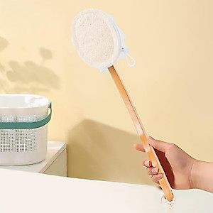 Shower Body Scrubber with Curved Long Handle, Dual-Sided Brush with Soft Mesh and Natural Loofah for Skin Exfoliating, Back Body Exfoliator for Bath