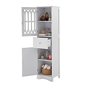 Merax Freestanding Linen Tower Bathroom Storage Cabinet with Adjustable Shelf, Drawer and 2 Doors, Tall Slim, 16.5" L x 14.2''W x 63.8''H, White