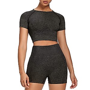 Sytiz Women Seamless Yoga Outfits 2 piece Set Workout Gym Shorts + Sport Bra (Black, Medium)