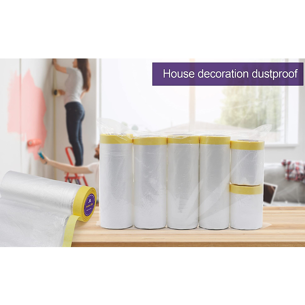 BOMEI PACK 6Rolls Pre-Taped Masking Film, Tape and Drape for Automotive Painting Covering, 3 Multi Size x 66Feet/ Roll