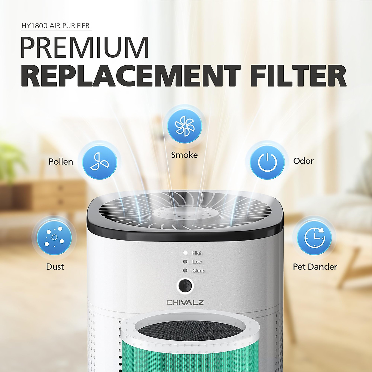 CHIVALZ Genuine HY1800 Air Purifier Replacement Filter, 3-in-1 Filtration, High-Efficiency Activated Carbon, True HEPA Filter (2 Pack)