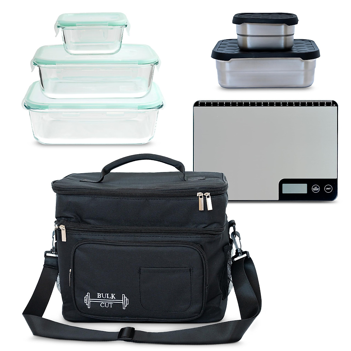 Bulk Cut Ultimate Meal Prep Containers Set, Reusable Lunch Boxes, Includes Glass and Stainless-Steel Lunch Storage Containers with Lids, Precision Food Scale and Lunch Bag, Modern Lunch Box Set