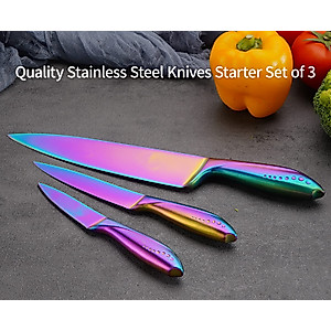 Hollory Rainbow Kitchen Knife Set 3 Piece, Razor Sharp German Stainless Steel Blade with 8 in Chef, 5 in Utility, 3.5 in Paring – Starter Set with Gift Box