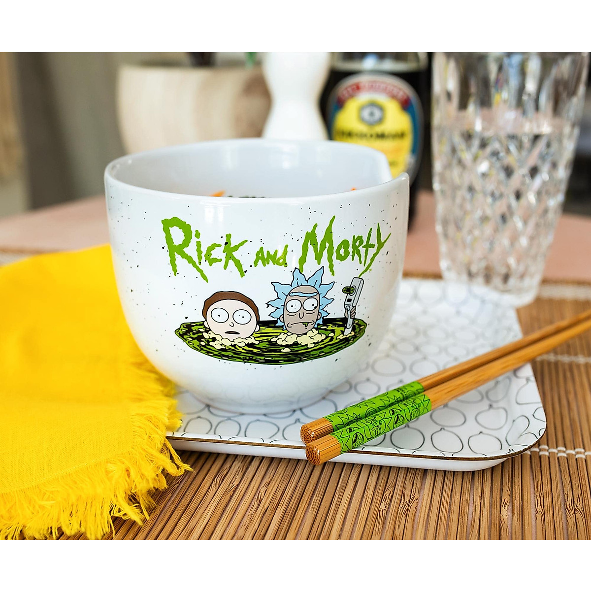 Silver Buffalo Rick and Morty Portal Japanese Ceramic Dinnerware Set | Includes 20-Ounce Ramen Noodle Bowl and Wooden Chopsticks | Asian Food Dish Set For Home & Kitchen