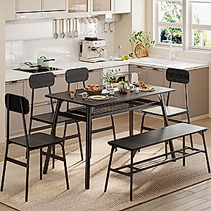 Gizoon Dining Table Set for 6, 6-Piece Kitchen Table and Chairs, Dining Room Table Set with Bench, Storage Rack for Small Space, Home, Apartment, Black