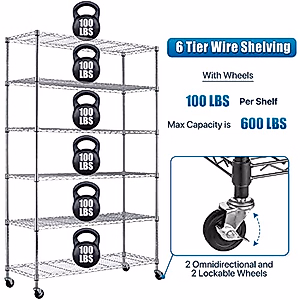Dkelincs 6 Tier Wire Shelving Unit with Wheels 48" X 18" X 76" Metal Storage Shelves Height Adjustable NSF Heavy Duty Commercial Grade Garage Shelf Rack for Kitchen Basement Restaurant，Chrome