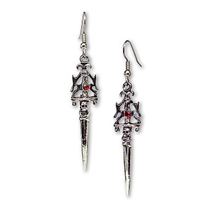 Gothic Skull Dagger Medieval Renaissance Dangle Earrings with Red Austrian Crystals