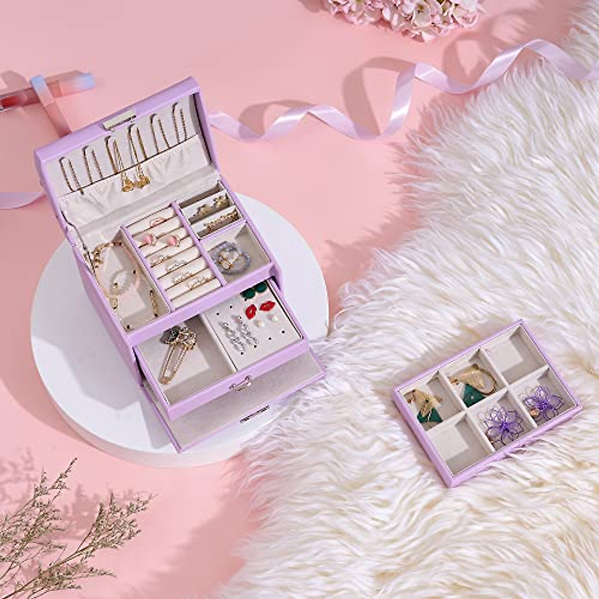 BEWISHOME Jewelry Box for Teen Girls,3 Layers Jewelry Organizer Box with Lock, Jewelry Travel Case for Women Girls, PU Leather Jewelry Boxes for Earrings, Rings, Necklaces Purple, SSH88P