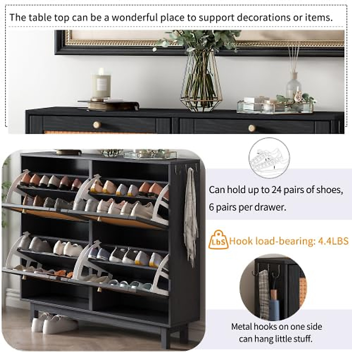 Wekity Rattan Boho Style Shoe Cabinet with 4 Flip Drawers, Modern 2-Tier Shoe Storage Organizer with Large Space, Free Standing Shoe Rack for Entrance Hallway (Black)
