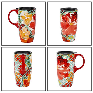 Voltogar Ceramic Mug Travel Coffee Cup with Lid Gift for Home & Office, 17oz Porcelain Tall Tea Cup with Handle, Red Flower & Waffle Mug, 6.5" H