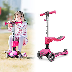 Kicknroll 3 Wheel Scooter for Kids Ages 3-5, Extra-Wide Deck Lean to Steer Foldable Toddler Scooter with Seat, 3 LED Light Wheels & 4 Adjustable Height, 110 Lbs Capacity- Pink 2 in 1 Kids Scooter
