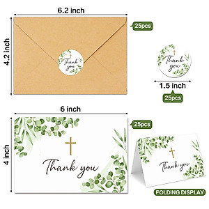 BYBOUS 25 Pack Thank You Cards with Envelope & Stickers, 4 * 6in Watercolor Greenery Cross Blank Inside Thank You Card for Bulk Baptism, Wedding, Bridal Shower, Baby Shower, Communion, Funeral