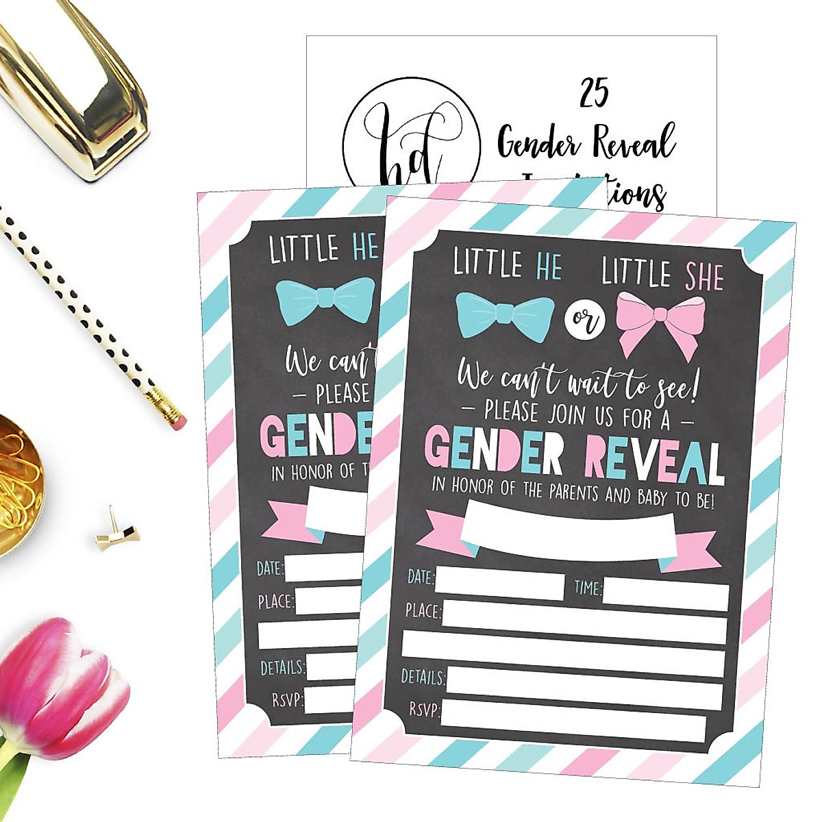 25 Pink and Blue Gender Reveal Baby Shower Party Invitation Cards, He or She Personalized For Gender Neutral Unisex Invites Guess If It's a Boy or Girl Sprinkle Fill In The Blank Printable Invite Pack